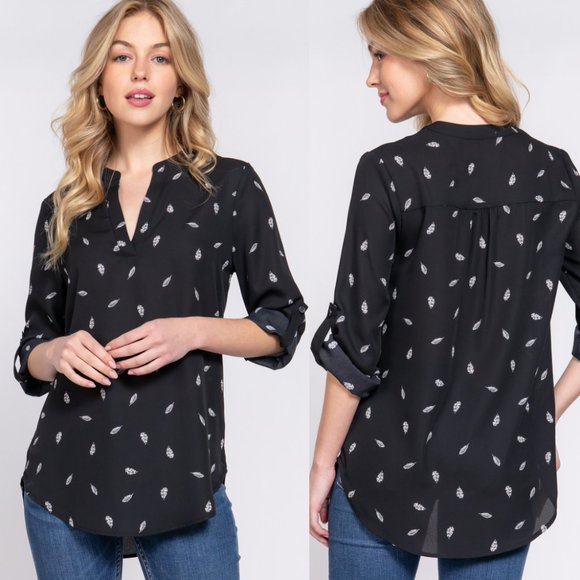 Active USA | Tops | Black 34 Roll Up Sleeve Vneck Print Woven Blouse ...